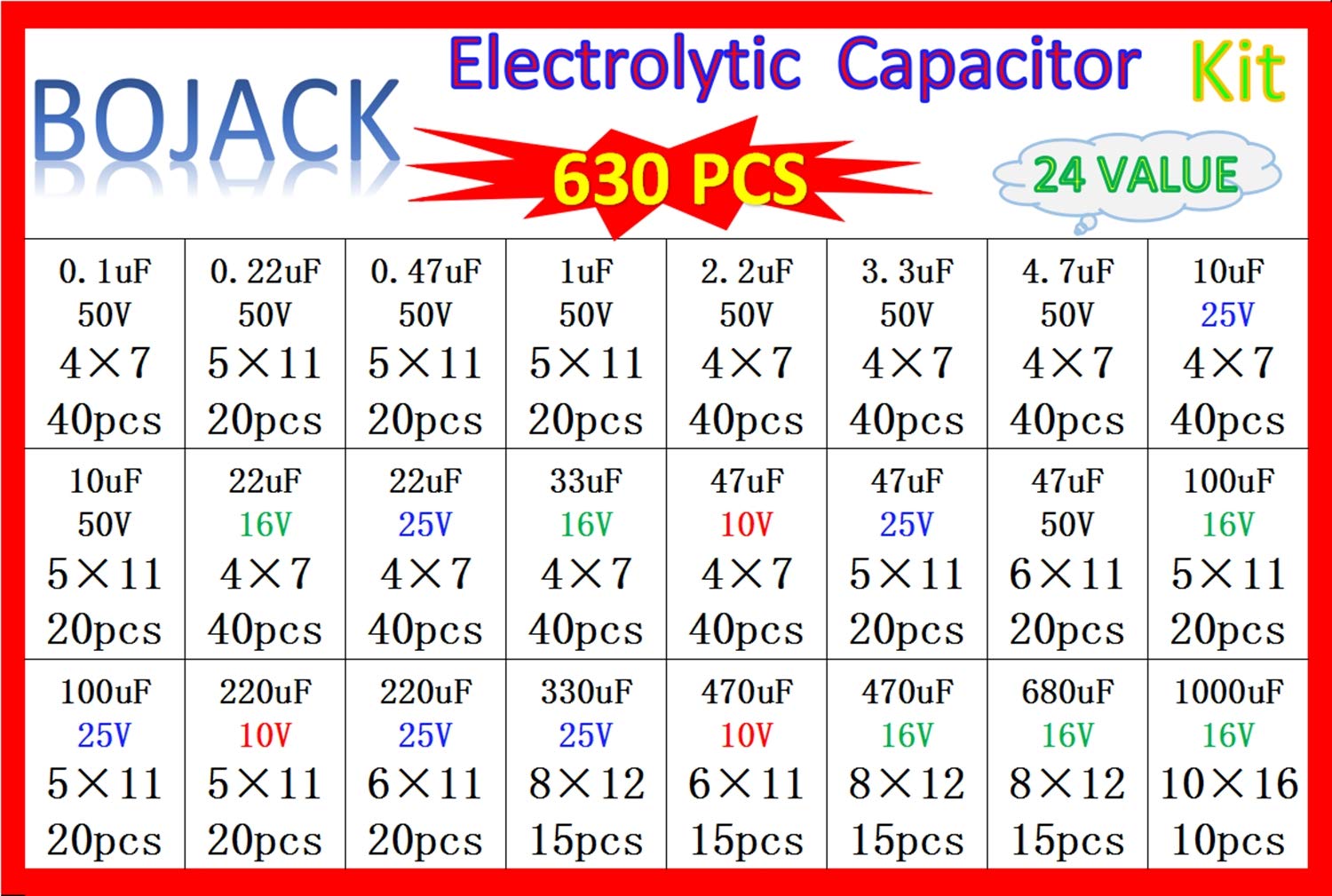 BOJACK 24Value 630pcs Aluminum Electrolytic Capacitor Assortment Box Kit Range 0.1uF-1000uF