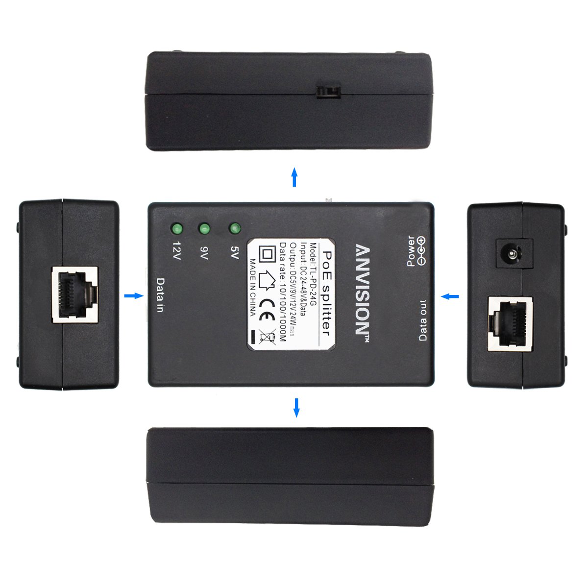 ANVISION 2-Pack Active Gigabit PoE Splitter Adapter with Multi-Size Tips, IEEE 802.3af Compliant, up to 100 Meters (328 Feet), DC 5V/9V/12V Power Output for IP Camera AP Voip Phone and More
