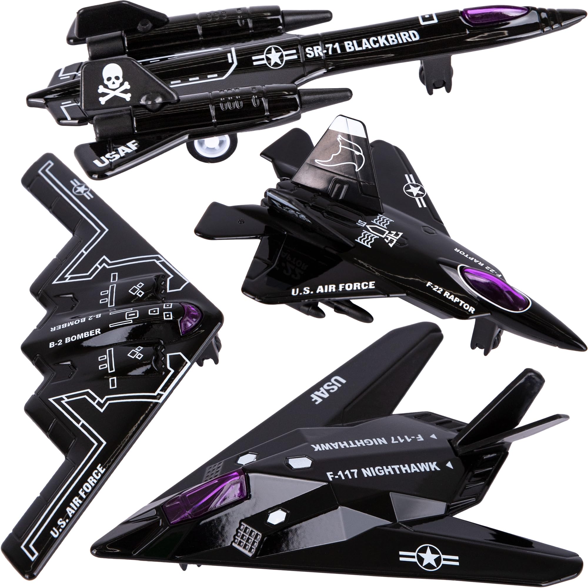 ArtCreativity Diecast Stealth Bomber Toy Jets with Pullback Mechanism, Set of 4, Diecast Metal Jet Plane Airplane Toys for Boys, Air Force Military Cake Decorations, Aviation Party Favors