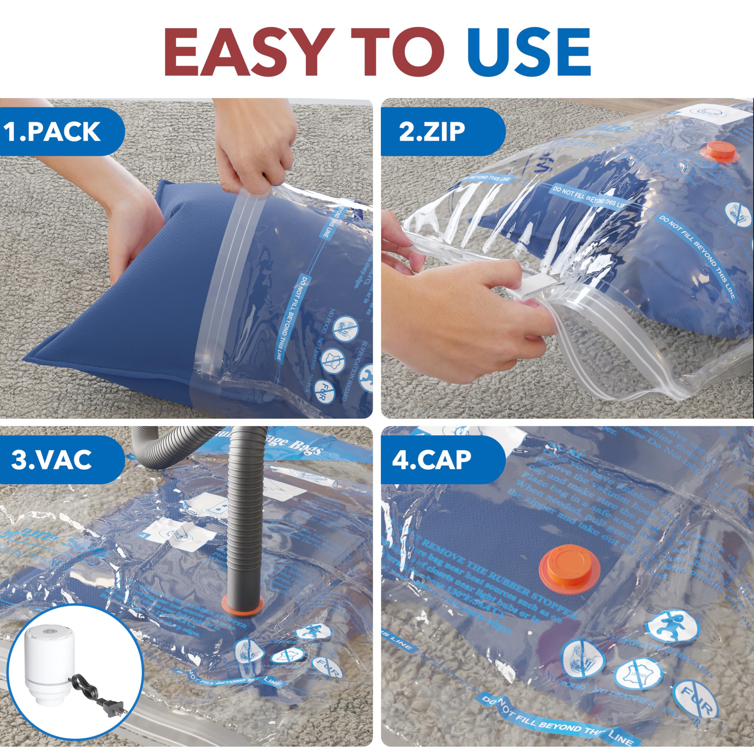 8 Pack Vacuum Storage Bags with Electric Air Pump,2 Jumbo,2 Large,2 Midium,2 Small Bags Space Saver Sealer Bags, Airtight Compression Bags for Clothes, Pillows, Comforters, Blankets, Bedding, Clothing