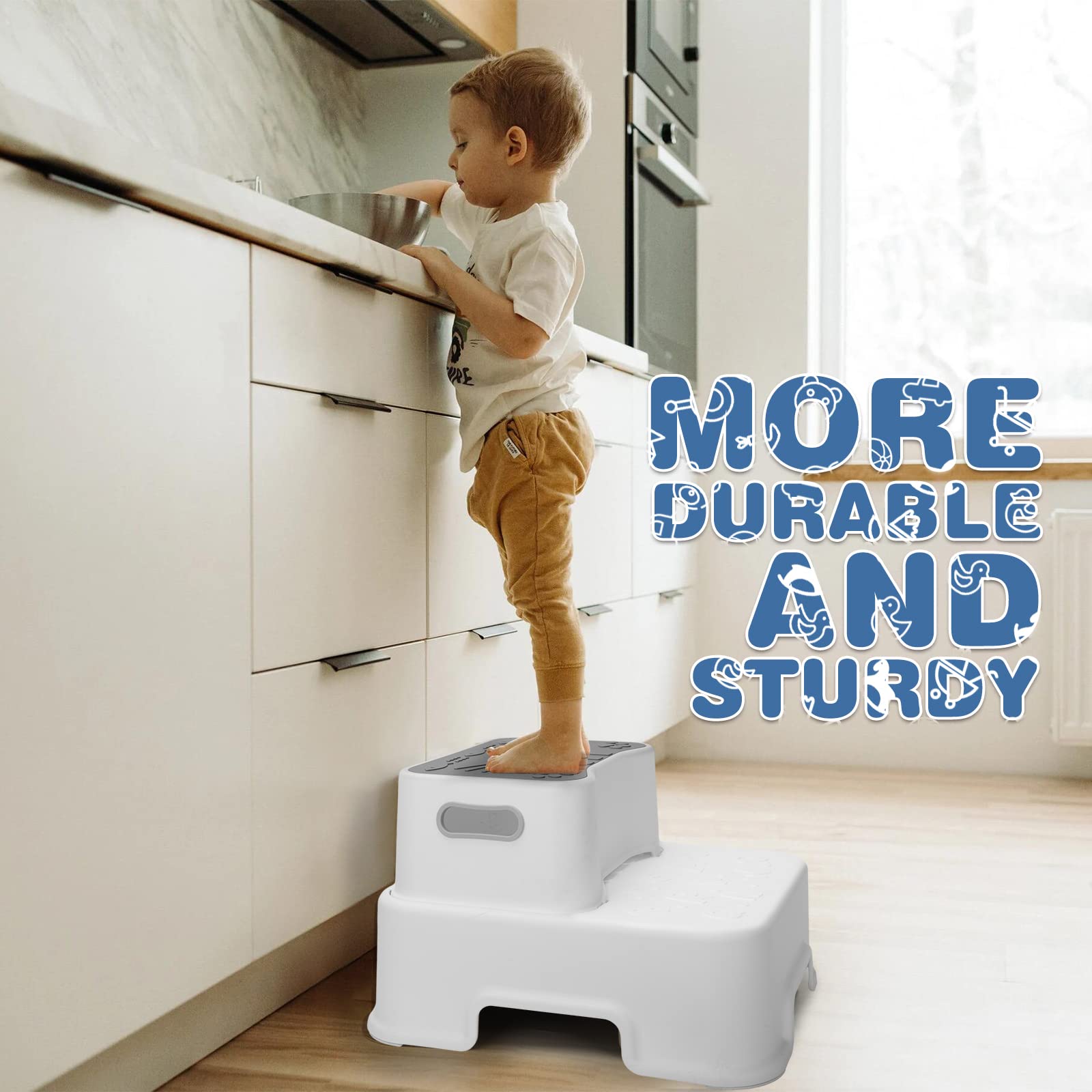 2 step stool for Kids and Toddler,Anti-Slip Sturdy Bathroom Toilet,Double up ,with Soft Grips,for Potty Training,Sink,Kitchen(White)