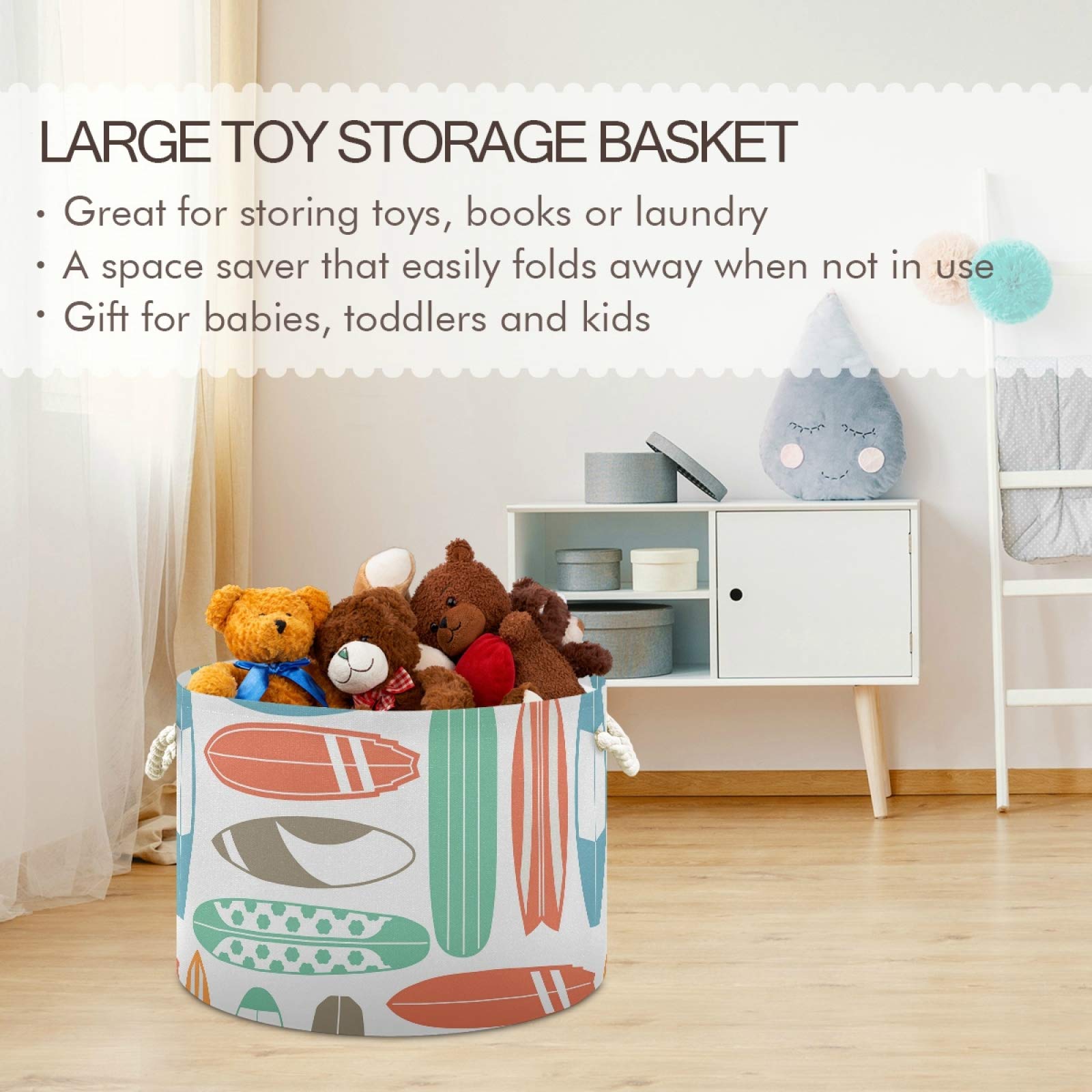 Oyihfvs Sea Surfing Surfboards in Retro Colors Round Storage Basket Bin, Waterproof Laundry Hamper, Large Collapsible Bucket, Baby Nursery Organizer with Handles for Bathroom Toys Clothes