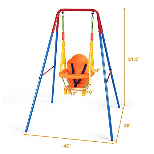 Costzon Toddler Swing Set, Outdoor A-Frame Swing for Backyard with Safety Harness and Handrails, Swing Stand Frame with Anti-Rust Frame for Outdoor Garden Backyard Kindergarten (Swing with Handrails)