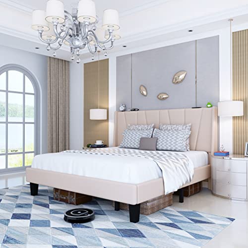 Benevika King Size Platform Bed Frame with Geometric Wingback Headboard, Wooden Slats Support, No Box Spring Needed, Easy Assembly, Gray