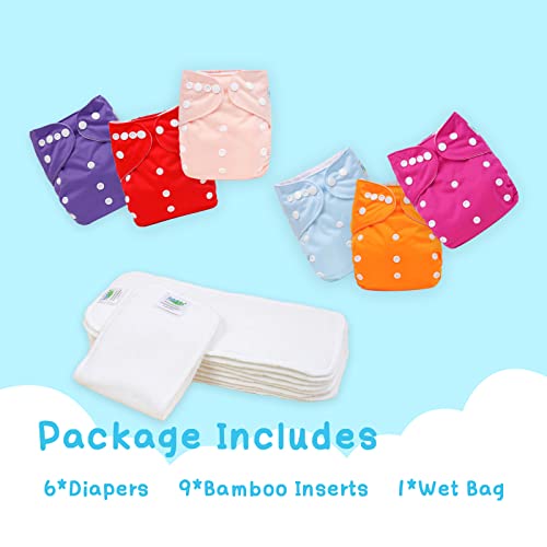 AnAnBaby Reusable Cloth Diapers for Babys, One Size Adjustable Washable Pocket Nappy Covers 6 Pack with 9pcs Microfiber Inserts for Toddler Boys & Girls