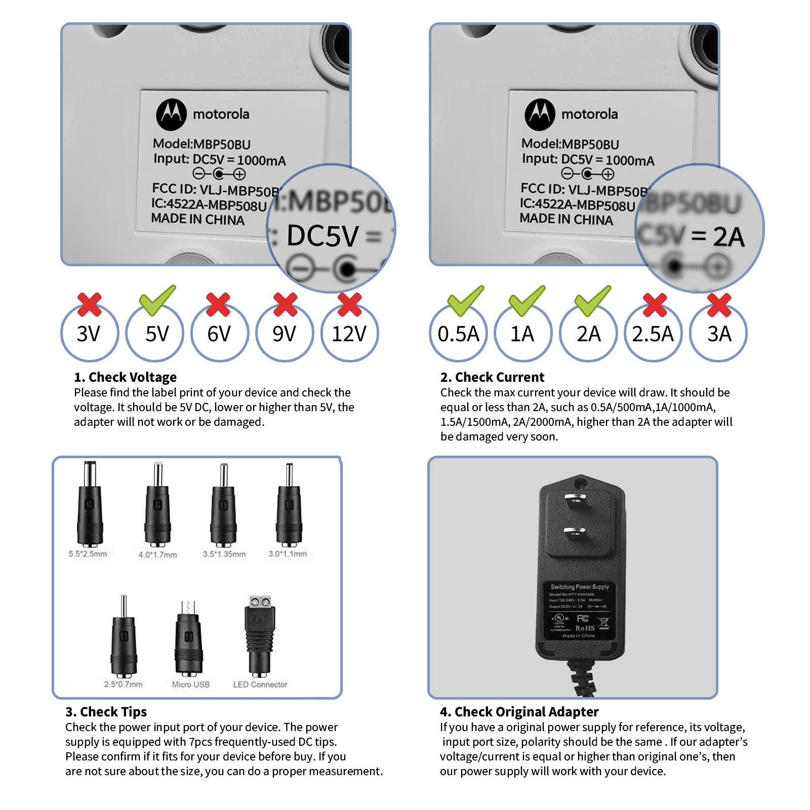 BOLWEO Universal 5v 2a Power Supply Adapter,AC to DC Adapter with 7 Tips Connector DC Plugs Adapter for TV Box, Security Camera, LED Strip Lights, Audio/Video and More 5v Household Electronic Devices