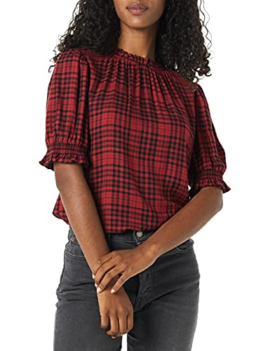 Amazon Essentials Women's Fluid Twill Short Puff Sleeve Smock Detail Shirt, Red/Black, Medium Plaid, XX-Large