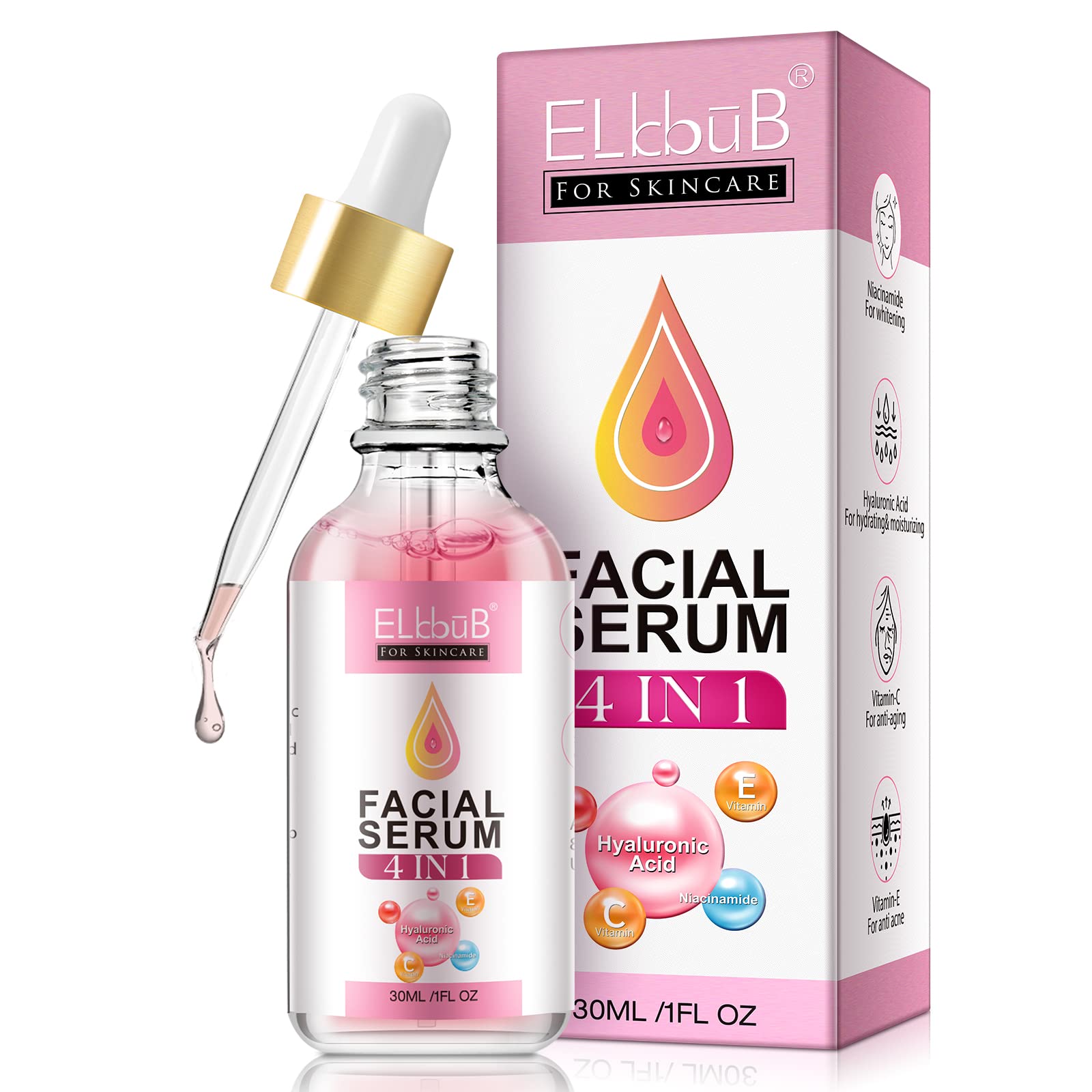 4-in-1 Facial Serum - Niacinamide, Vitamin C & E, Hyaluronic Acid for Anti-Aging, 1 fl oz