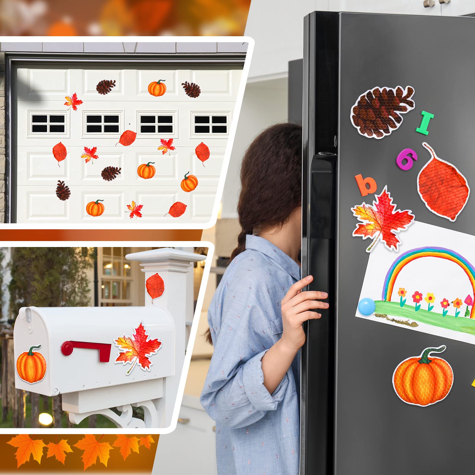 16 Pcs Fall Maple Leaves Magnets Thanksgiving Reflective Car Magnets and Decals Thanksgiving Stickers Pumpkin Pine Cones Refrigerator Magnets Decorative Magnetic Decals for Refrigerator Car Truck