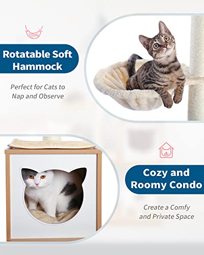 Made4Pets Cat Tree Cat Tower for Indoor Cats 65.6 Inches Modern Wood Cat Condo with Scratching Post for Large Cats Climbing, Multi-Level Tall Cat Tower Tree House with Hammock for Kitten Play and Rest