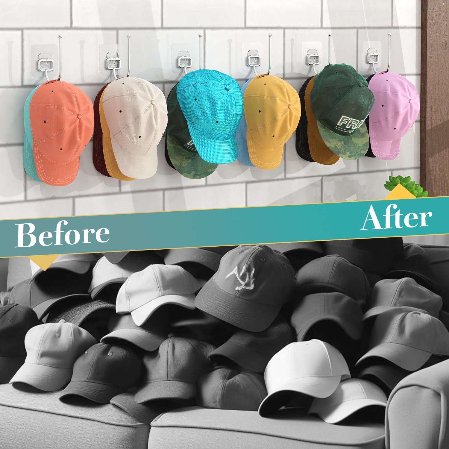 6 Pack Hat Racks for Baseball Caps Wall, Stainless Steel Hat Organizer for Baseball Caps, Hat Storage for Baseball Caps, Hat Hooks Hat Hanger Strong Adhesive/Wall Drilled for Door, Bedroom, Closet