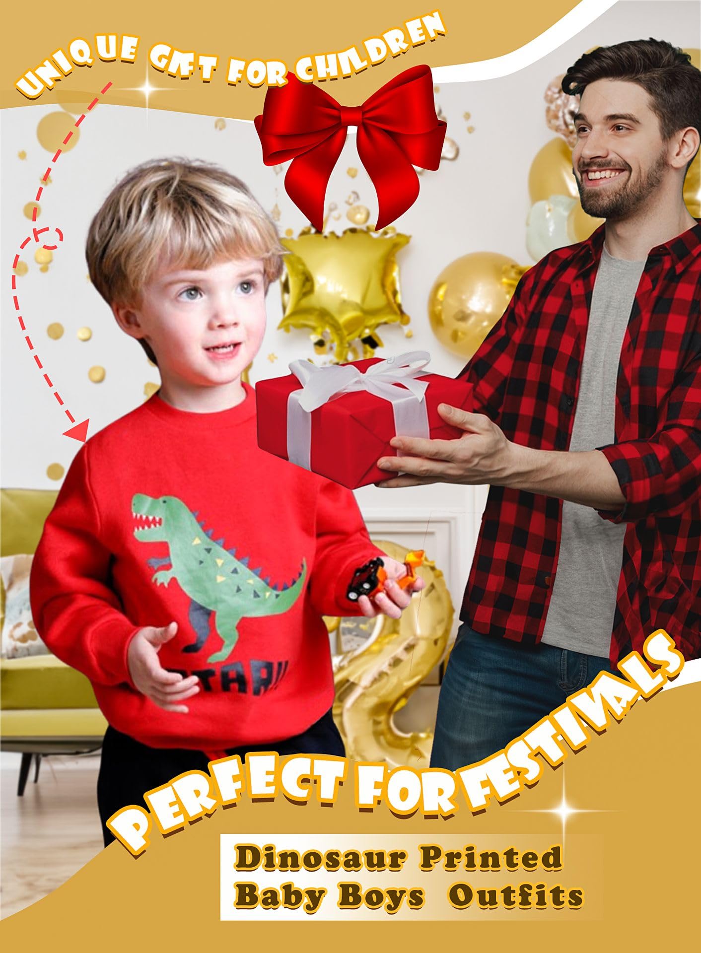 BOMDEALS Cute Valentines Sweatsuit for Toddler Boys - Kids Cartoon Pentacle Dinosaur Printed Long Sleeve Top Pants Outfits(311,Red,100)