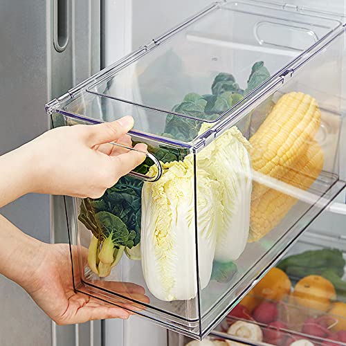 4 Pack Refrigerator Organizer Bins with Pull-out Drawer, Large Stackable Fridge Drawer Organizer Set with Handle, BPA-free Drawable Clear Storage Cases for Freezer, Cabinet, Kitchen, Pantry Organizati