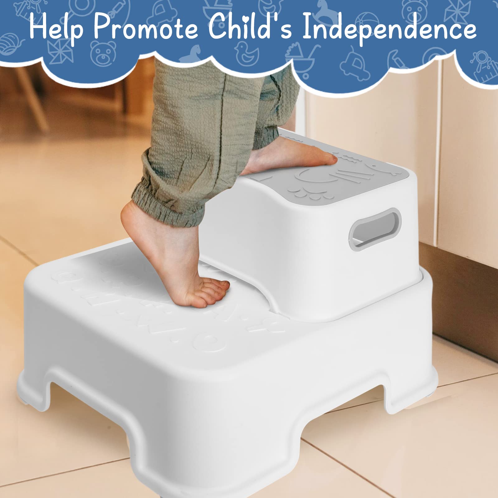 2 step stool for Kids and Toddler,Anti-Slip Sturdy Bathroom Toilet,Double up ,with Soft Grips,for Potty Training,Sink,Kitchen(White)