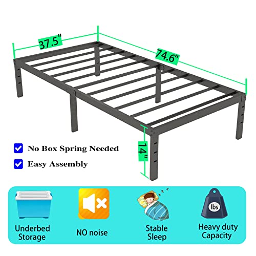 Caplisave 14-Inch High Metal Platform Bed Frame,Max 2000lbs Heavy Duty Metal Slat Support,Underbed Storage,Easy Assembly,No Box Spring Needed,Black,Twin