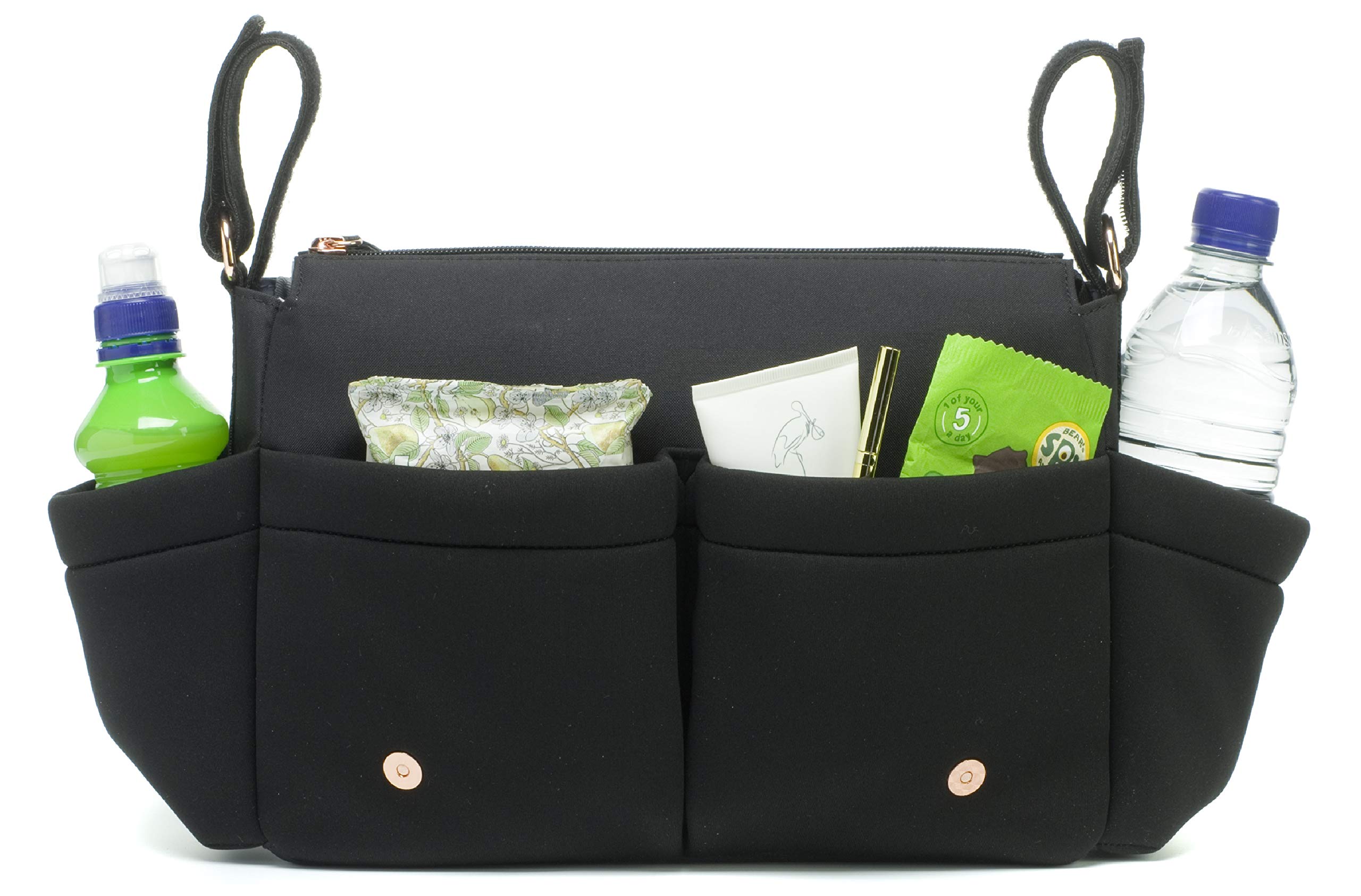 Black Travel Stroller Organizer and Hanging Diaper Bag by Storksak | Universal Fit, Large Storage Capacity, Baby Caddy with Elastic Cup Holder and Integrated Accessories