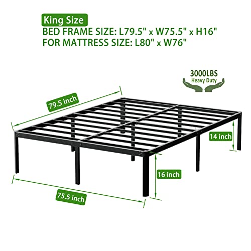 AROMUSTIME 16 Inch Reinfore Metal Platform Bed Frame with Round Legs / 3,800 lbs Heavy Duty Steel Slat Easy Assembly Mattress Foundation/Noise Free/Box Spring Replacement, King