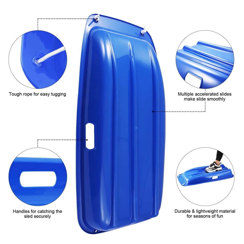 2 Pack Plastic Snow Sled for Kids & Adults, Portable Toddler Baby Toboggan Sled with Pull Rope & 2 Handles (Blue)