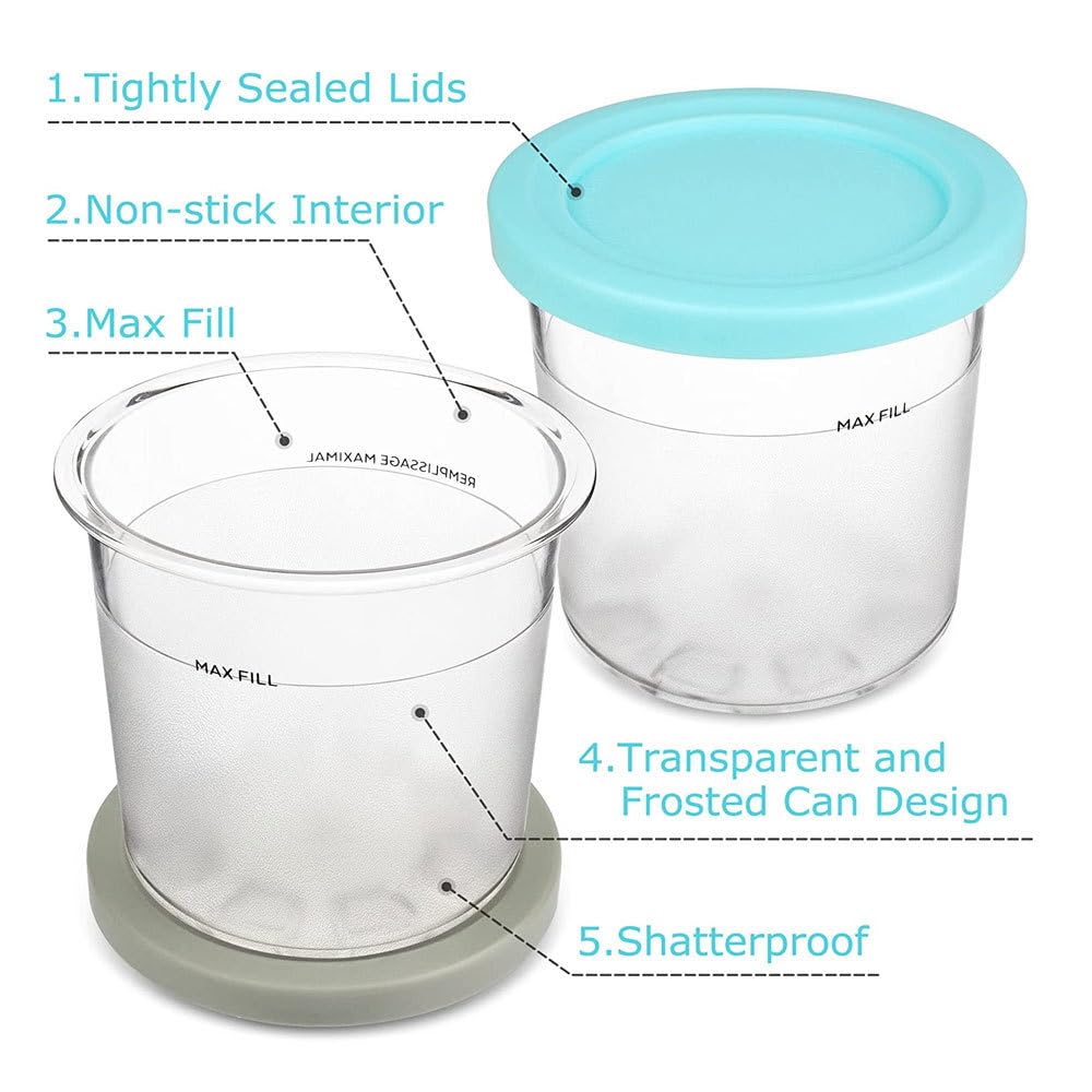 4 Pack Replacement Pints and Lids for Ninja Creami Deluxe - Compatible with NC301 NC300 NC299AMZ Series Ice Cream Maker, Airtight and Dishwasher Safe(Pink/Green/Grey/Blue)