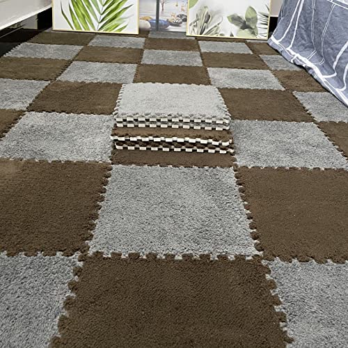 16 Pcs Soft Plush Interlocking Foam Play Mat,Colorful Puzzle Play Mat,Squares Foam Floor Mats,EVA Foam Interlocking Tiles for Gym,Playroom(Color:Brown+Grey)