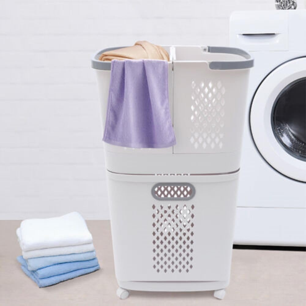 2 Tier Plastic Laundry Basket With Wheels,Movable Household Laundry Basket,Bathroom Clothes Storage Basket Cart,Floor-Standing Hand-Held Laundry Basket for Home,White