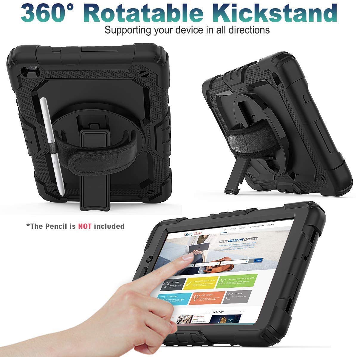 Samsung Galaxy Tab A 8.0 Case 2019 with Screen Protector Pencil Holder | Rugged SM-T290/T295/T297 Case for Kids | Blosomeet Heavy Duty Shockproof Protective Cover w/ Stand Hand Shoulder Strap | Black