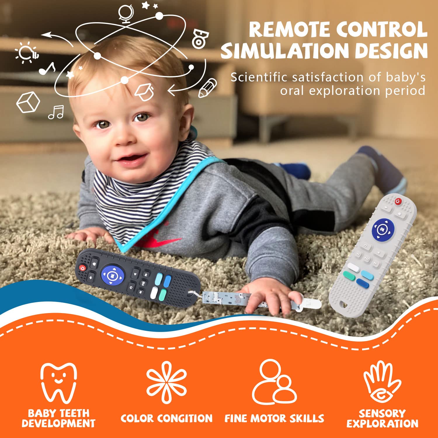 2 Pack Teething Toys for Babies 6-12 Months Tameler TV Remote Control Shape Silicone Baby Hand Teethers Toys for 12-18 Months -Infant Chew Toys with Pacifier Clip-Safety Tested (Black & Grey)