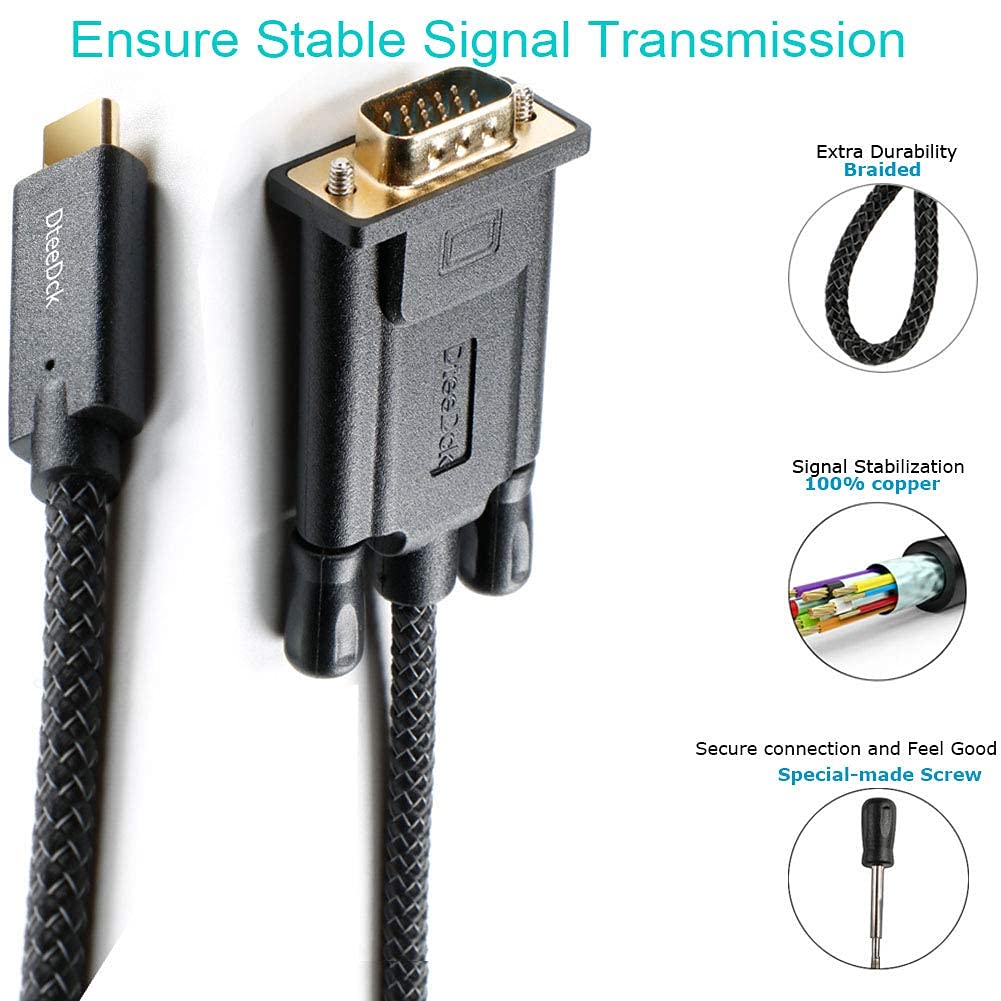 DteeDck USB C to VGA Cable 6 ft, USB Type C (Thunderbolt 3) to VGA Cable Sturdy Braided for USB 3.1 Devices-Compatible with MacBook Pro, iPad Pro Galaxy S10/S9/S8, Surface Book 2, Dell XPS, HP Etc
