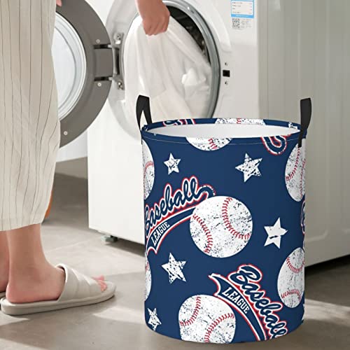 Baseball Laundry Hamper Collapsible Laundry Baskets with Handles Dirty Foldable Clothes Basket Easy Carry Laundry Bag Round Storage Basket for Bedroom Toy Blue
