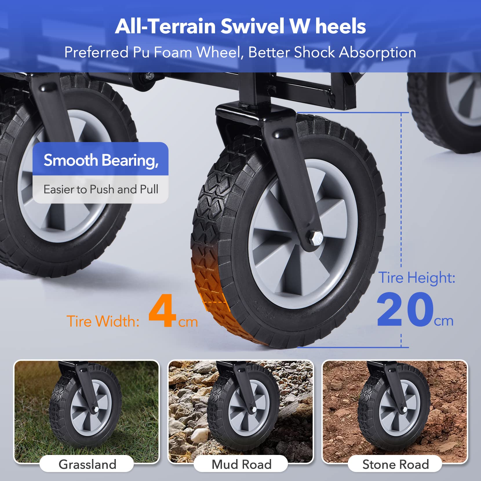 220 lbs Capacity Foldable All Terrain Utility Wagon for Outdoor Camping, Shopping, Sports - 100L, Push Pull Cart