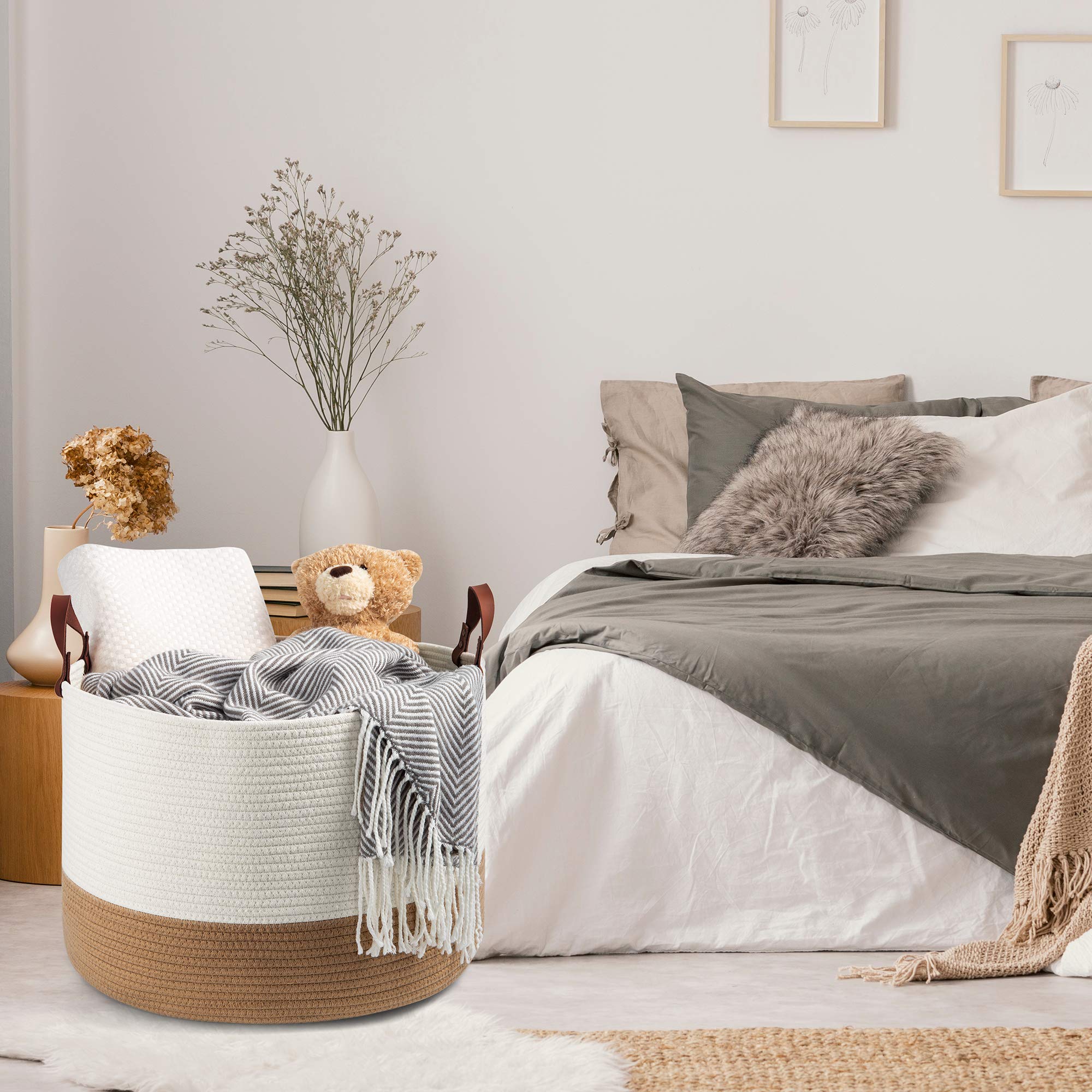 Extra Large Cotton Rope Basket KRUIO Collapsible Woven Laundry Basket with Handles for Laundry, Nursery, Toys, Towels, Blankets and Pillows Even More, Rope Storage Basket(20”x13”, Beige/Hemp Yellow)