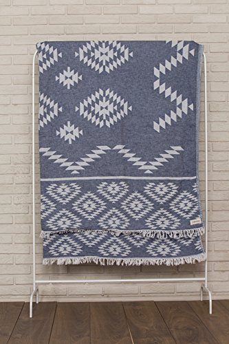 Bersuse 100% Cotton Teotihuacan XL Throw Blanket Turkish Towel - 75x90 Inches, Dark Blue