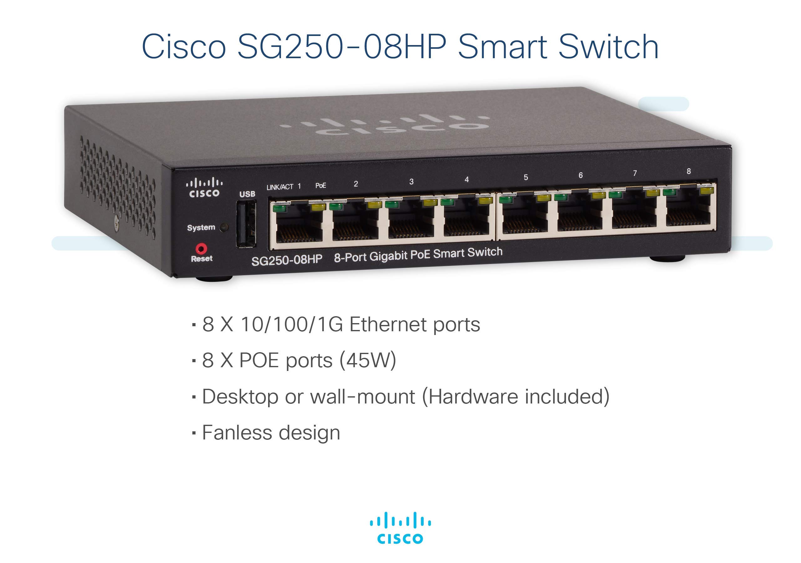 Cisco SG250-08HP Smart Switch | 8 Gigabit Ethernet (GbE) Ports | 45W PoE | Limited Lifetime Protection (SG250-08HP-K9-NA)