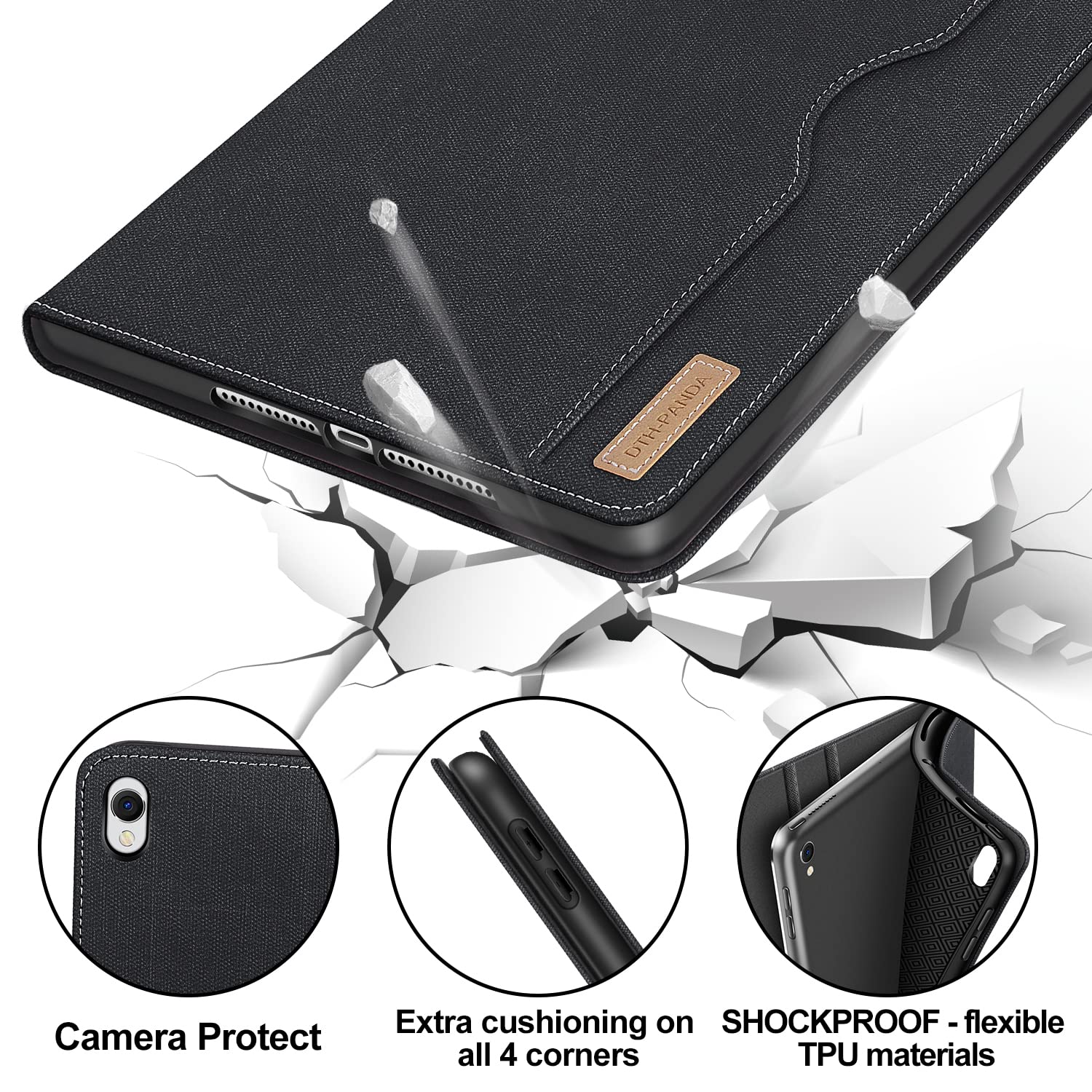 DTH-PANDA iPad Air 3rd Generation Case, iPad Pro 10.5 Inch 2019/2017 Cover, with Apple Pencil Holder, PU Leather with Pocket, Auto Sleep/Wake Function (Crow Black)
