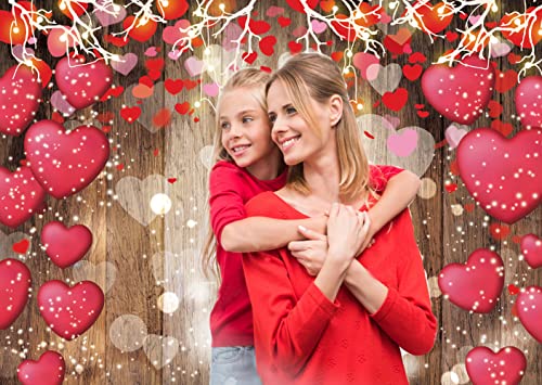 Dudaacvt 7x5ft Valentine's Day Backdrop Rustic Wood Red Love Heart Background for Mother's Day Wedding Bridal Shower Party Decor Banner Portrait Photo Studio Booth Props D480