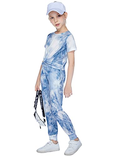 Arshiner Tie Dye Jogger Sets for Girls Casual Twist Front Tops & Pants Set Dusty Blue 8-9 Years Old