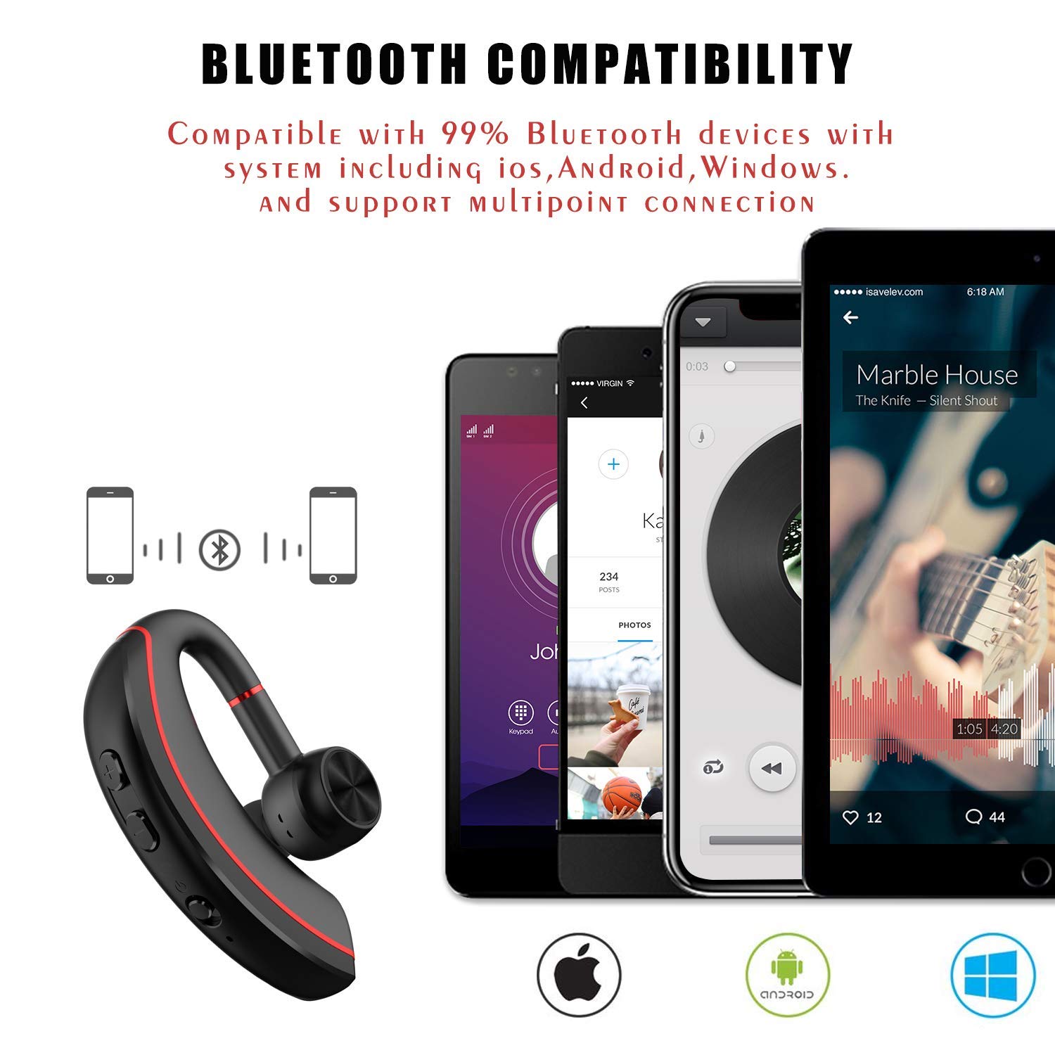 Bluetooth Headset Wireless Business Bluetooth V5.0 Earpiece Ultralight HD Headphones Hands-free Earphones with Noise Cancellation Microphone Wide Compatible with Cell Phones for Office/ Work Out/Truck