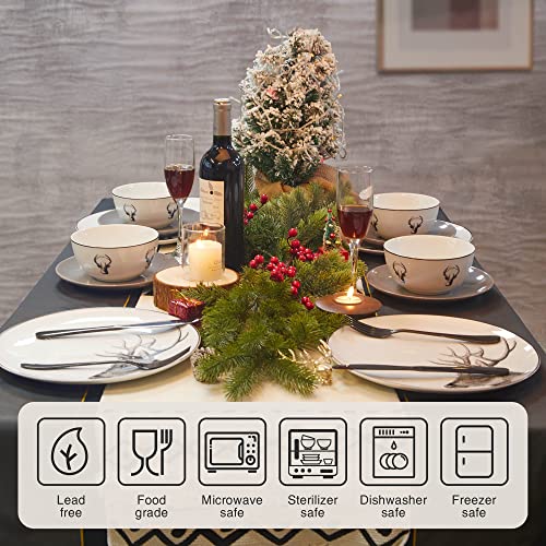 Kitchen Plates and Bowls Sets for 6, 18 Piece Dinnerware Sets, Dish Set with Deer Theme, Microwave Safe Plates and Bowls, Chip Resistant Dinnerware, Dishwasher Safe