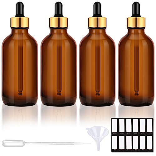 PrettyCare Eye Dropper Bottles 4 oz 4 Pack (Glass Bottles 120ml with Golden Caps, 12 Labels, Funnel & Measured Pipettes) Empty Tincture Bottles for Essential Oils (Amber)