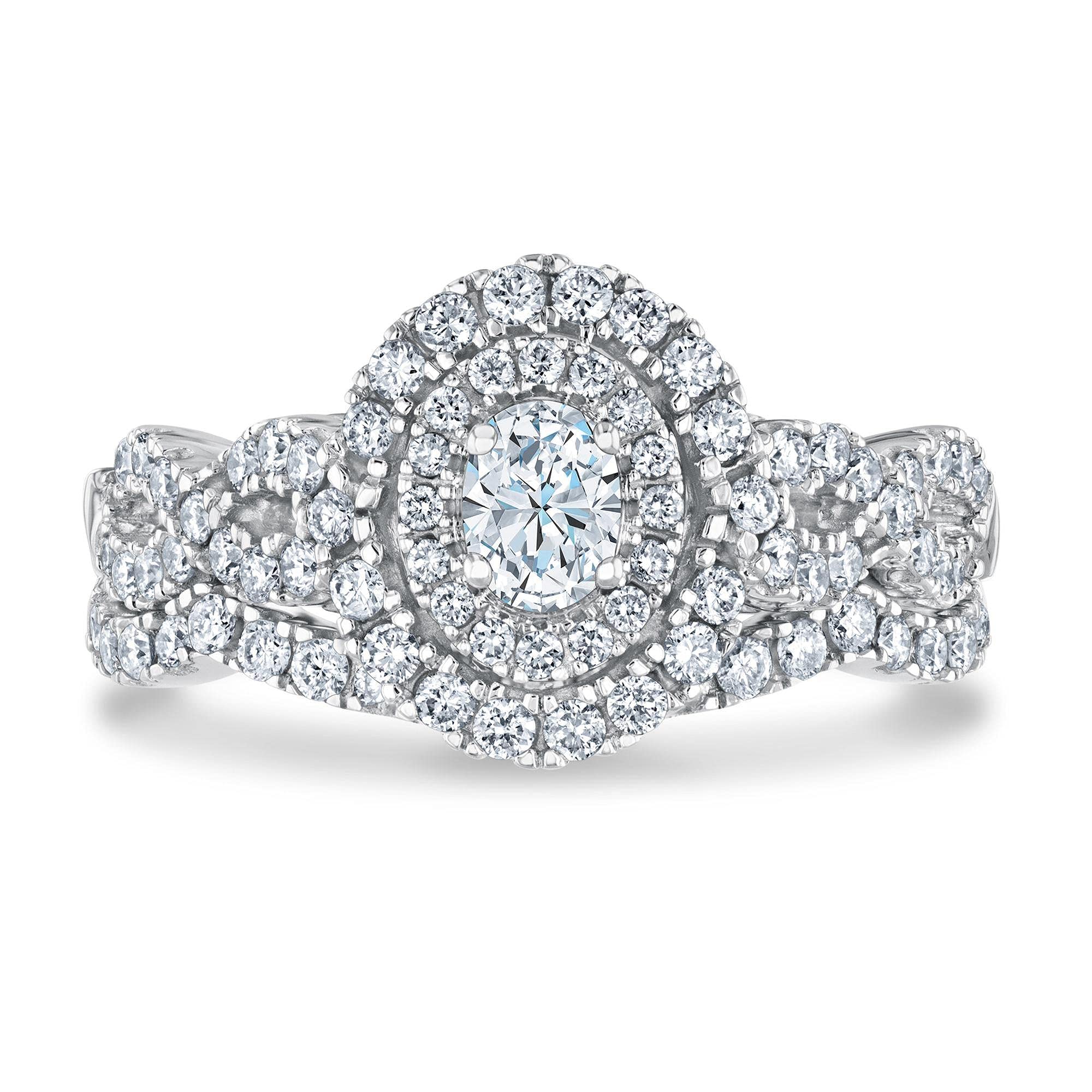 1ctw Oval Diamond Double Halo White Gold Engagement Ring and Wedding Band Set | Couture Collection - Size 6