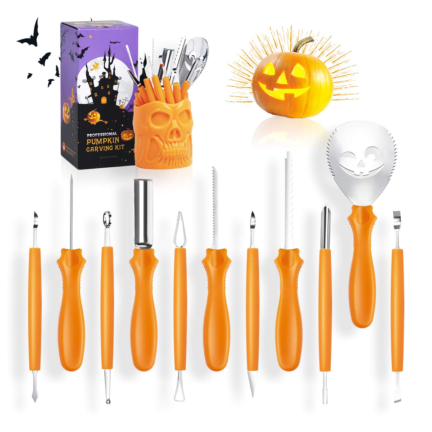 Halloween Pumpkin Carving Kit,Jack-O-Lanterns 11 Piece Professional Pumpkin Cutting Carving Tools Stainless Steel Lengthening and Thickening Pumpkin Carving Set