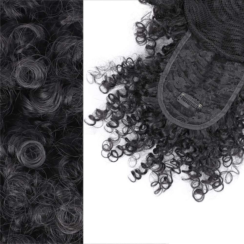 ENTRANCED STYLES Drawstring Ponytail with Bangs Afro Puff Ponytail Extensions for Women Short Curly Puff Ponytail with Bangs Clip in Wrap Updo Hairpiece for Women(1B)