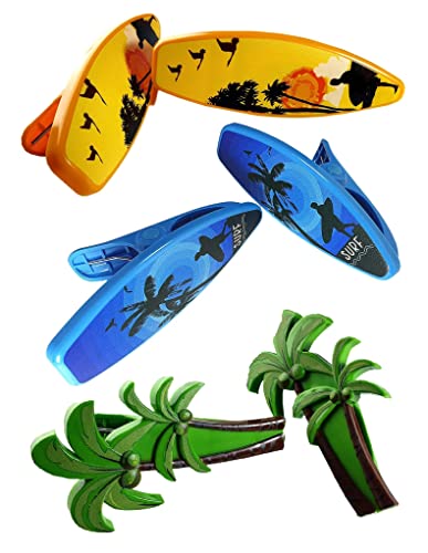 3 Set (6 Ct) ,Coconut, Yellow Surfboard, Blue Surfboard Beach Towel Clips Jumbo Size for Beach Chair, Cruise Beach Patio, Pool Accessories, Household Snacks Clip, Baby Stroller Clips by C&H Solutions