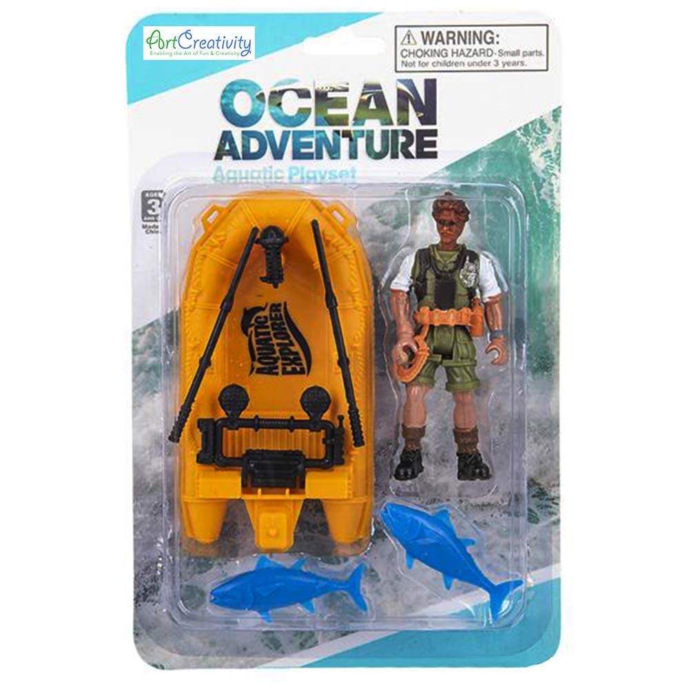 ArtCreativity Small Aquatic Play Set for Kids, Cool Playset with Action Figure, Floating Boat, and 2 Fish, Fun Bathtub Toys for Kids, Great Birthday Gift for Children