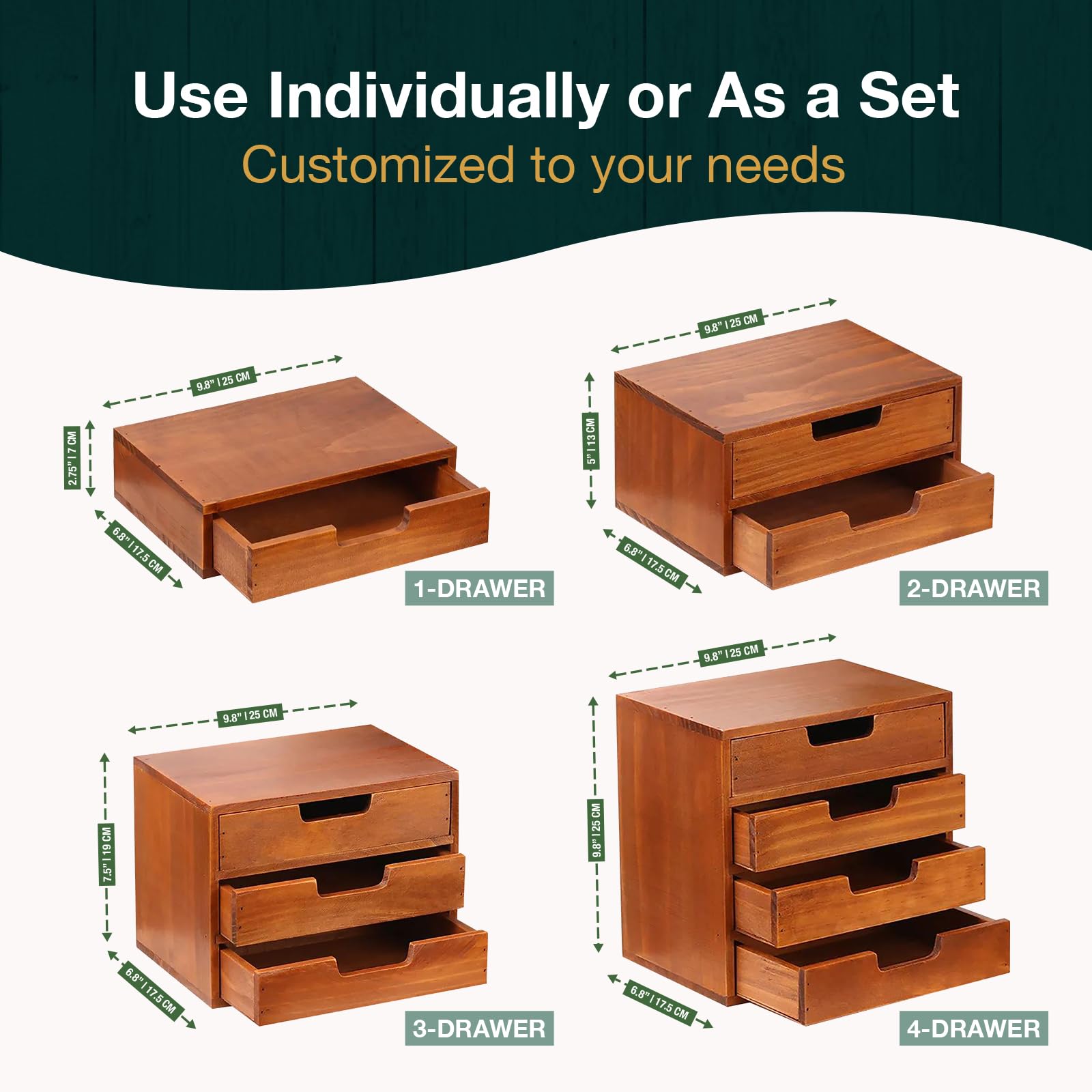4-piece Drawer Cabinet Bundle Set - Modern Mahogany Wood Stackable Drawer Units - Multi-level Drawer Desktop Storage Organizers - Countertop Drawer Cabinets for Mix and Match (4-Pack)