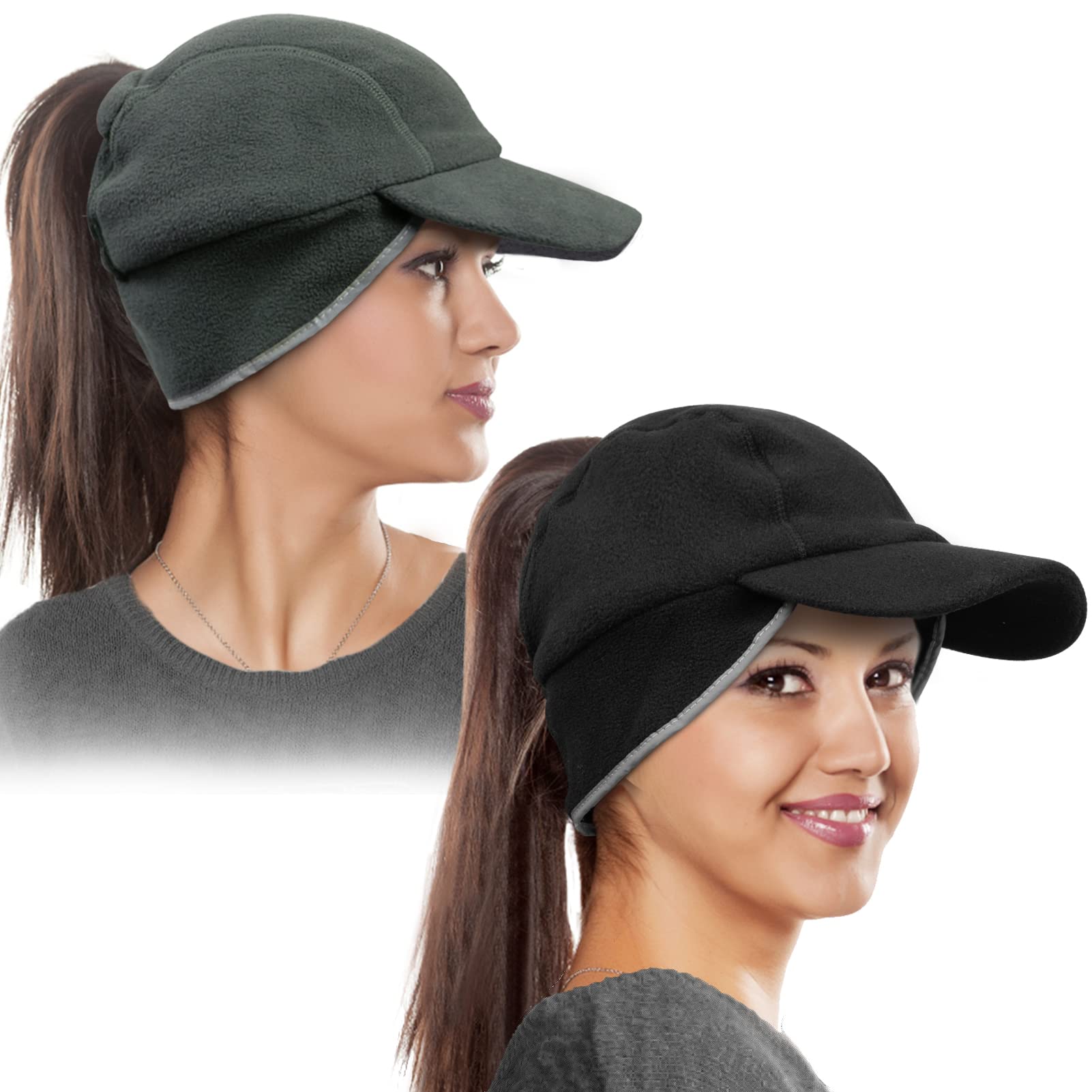 2 PCS Fleece Ponytail Hat, Reflective Women Winter Hats with Drop Down Ear Warmer, Soft Elastic Warm Caps for Outdoor Running Walking Yoga (Dark Grey + Black)