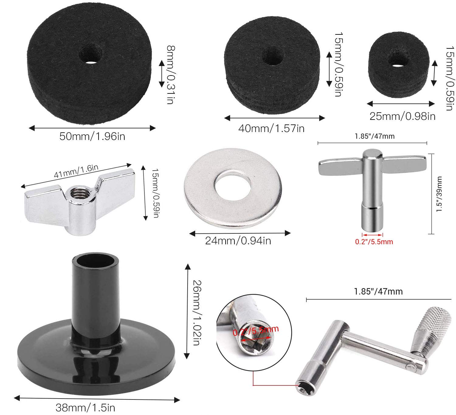 23 Pieces Cymbal Replacement Accessories Cymbal Felts Hi-Hat Clutch Felt Hi Hat Cup Felt Cymbal Sleeves with Base Wing Nuts Cymbal Washer and Drum Keys for Drum Set (23pcs)