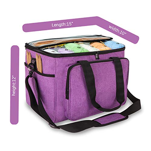 Knitting Bag, Yarn Tote Storage Organizer with Separate Crochet Hooks & Knitting Needles Bag,Slits on Top to Protect Wool and Prevent Tangling Large Purple