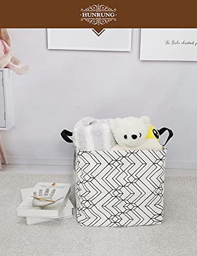 HUNRUNG Square Storage Bins Nursery Hamper Canvas Laundry Basket Foldable with Waterproof Nursery Boxes for Shelves/Gift Baskets/Toy Organizer/Office, Bedroom (Square-black transverse geometry)