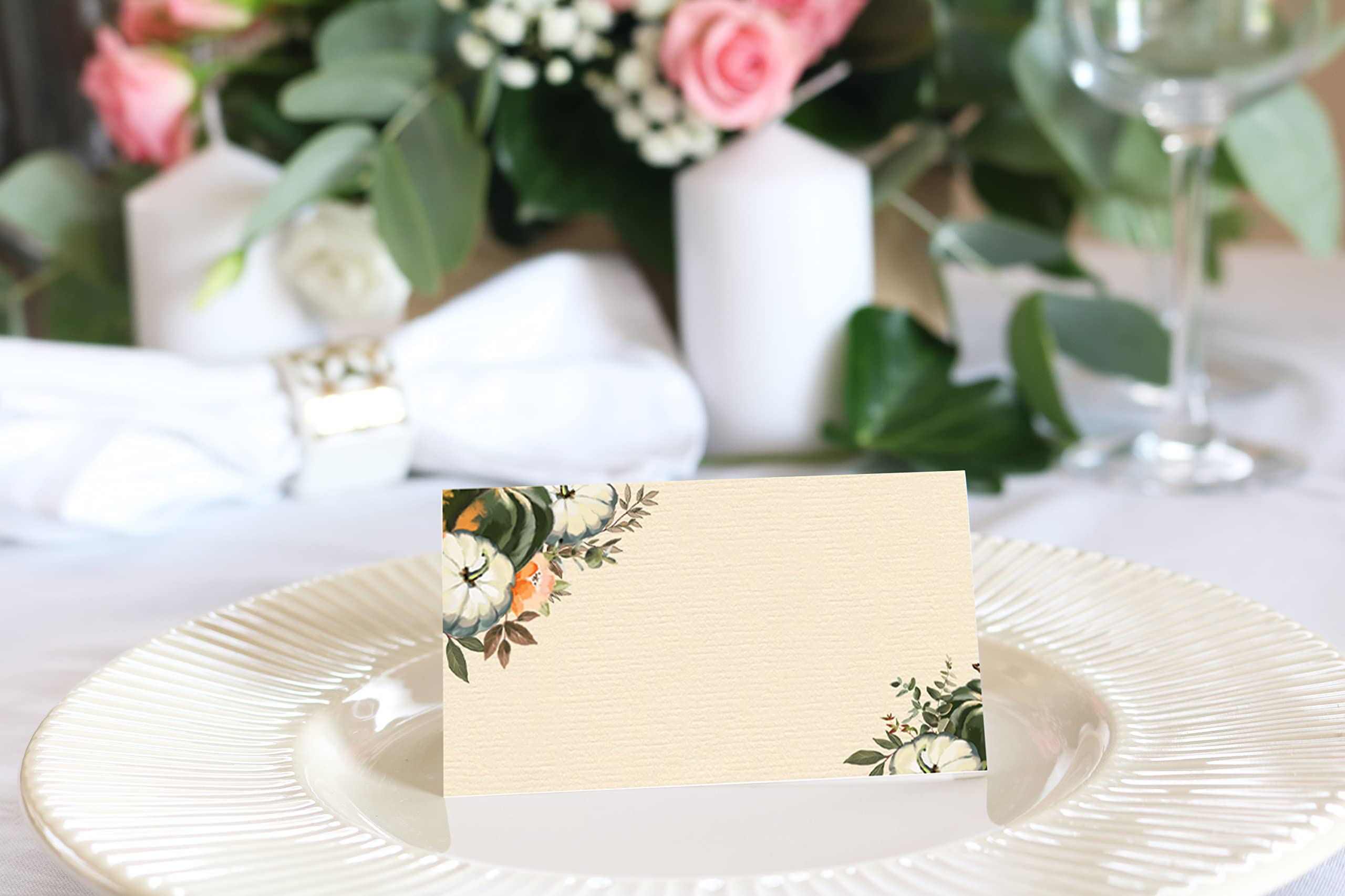Desert Mercantile Fall Harvest Pumpkin Place Cards - 25 pack β Tented Tabler Cards for Thanksgiving Table Decor, Autumn Weddings, Holiday Buffets, Dinner Parties, or Place Settings. 2"x3.5" (folded).